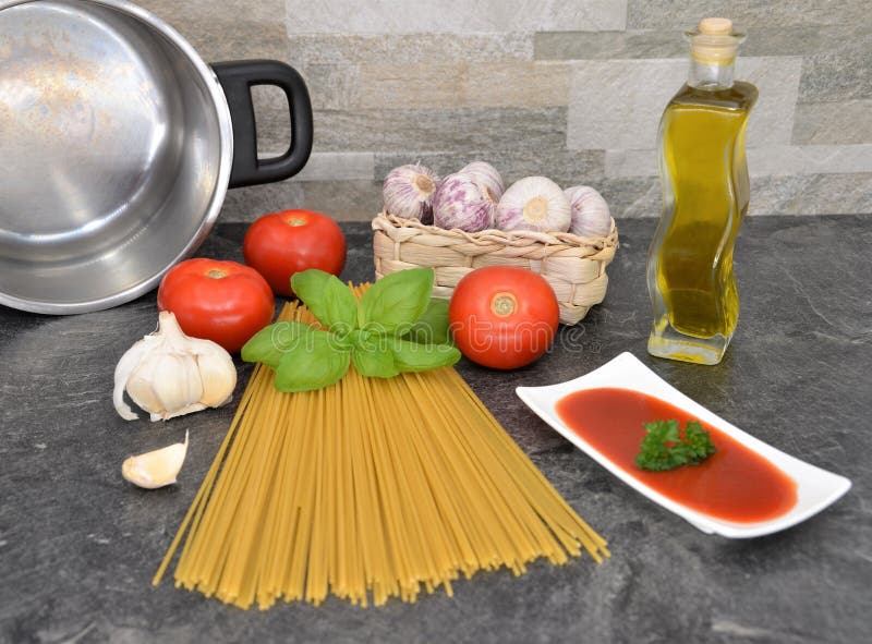 Spaghetti Cooking on the Kitchen Table Front View Stock Photo - Image ...