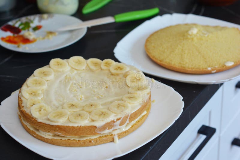 Cooking Sponge Cake with Bananas at Home Stock Image - Image of cream ...