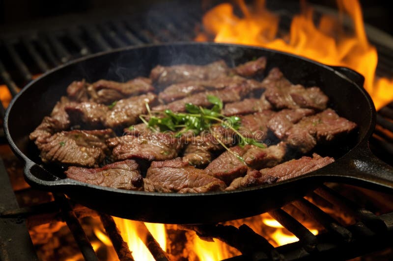 Cooking Steak Strips on a Hot Skillet Over a Blazing Fire Stock ...