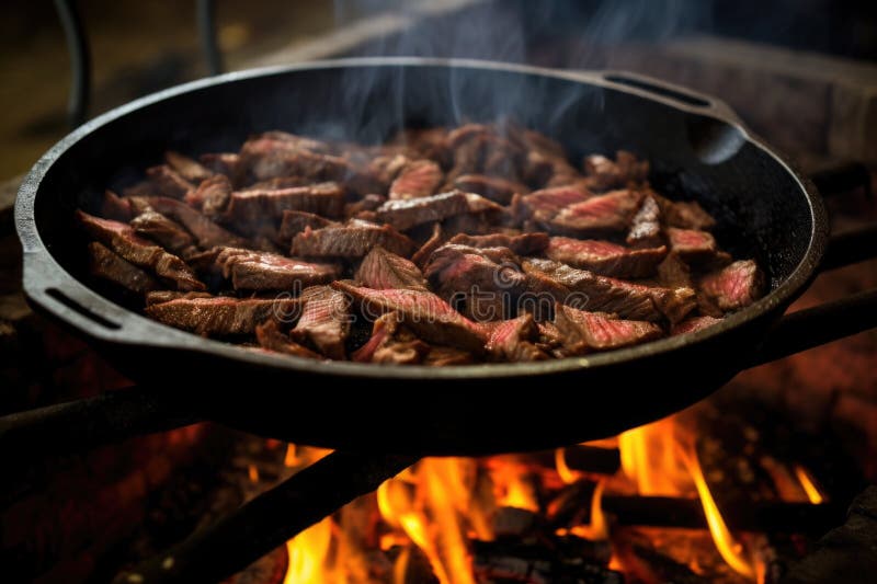 Cooking Steak Strips on a Hot Skillet Over a Blazing Fire Stock ...