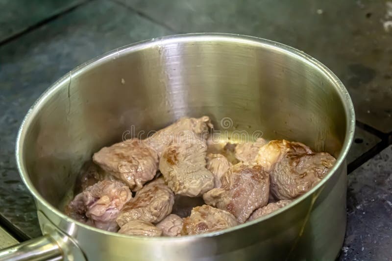 Cooking of the Stew Meat. Boiling Water with Meat Pieces of Different ...