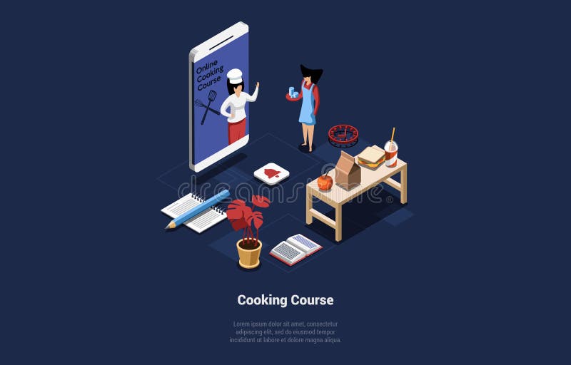 Cooking Study Courses Vector Illustration in Cartoon 3D Style on Dark ...