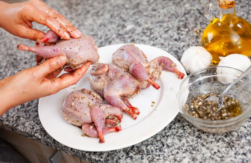 Cooking Stuffed Quails in Kitchen. Quail Carcasses are Prepared for ...
