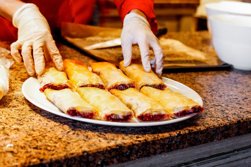 Cooking Sweet Strudel in a Cafe Stock Photo - Image of portion ...