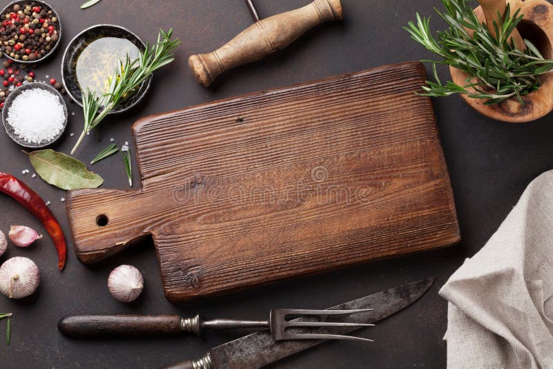 Cooking Table with Herbs, Spices and Utensils Stock Image - Image of ...