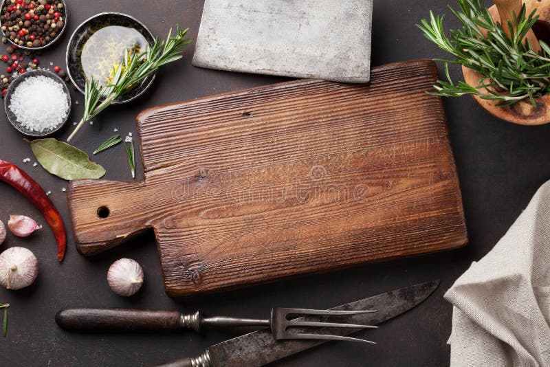 Cooking Table with Herbs, Spices and Utensils Stock Photo - Image of ...