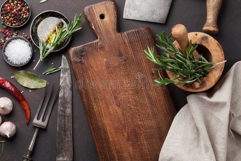 Cooking Table with Herbs, Spices and Utensils Stock Image - Image of ...