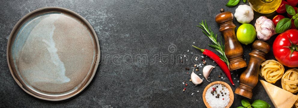 Cooking Table with Ingredients and Empty Plate Stock Photo - Image of ...