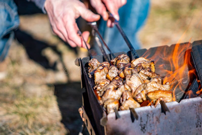 Cooking Tasty Meat Barbecue Open Fire Close Up Stock Photo - Image of ...
