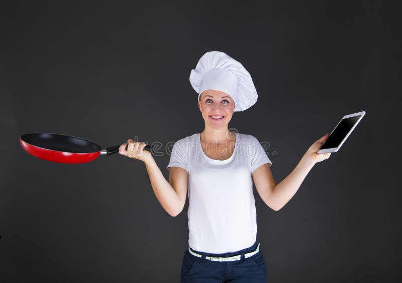 Cooking, Technology and Food Concept - Smiling Female Chef, Cook Stock ...