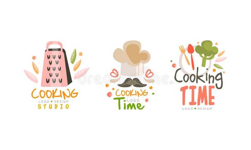 Cooking Time Logo Design, Set of Colorful Hand Drawn Vector ...