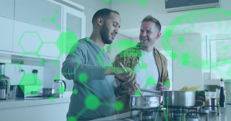 Cooking Together in Kitchen, Green Data Processing Image Over Couple ...