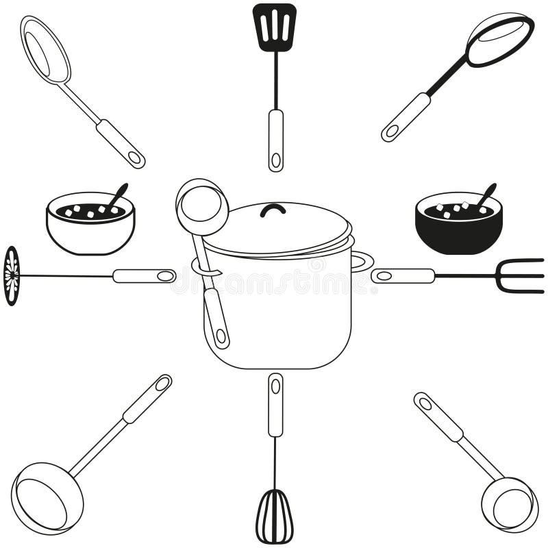 Cooking Tools Circle. Black and White Style. Centered Pan Layout Stock ...