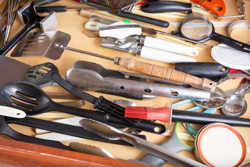 Cooking tools drawer editorial stock photo. Image of fork - 183454743