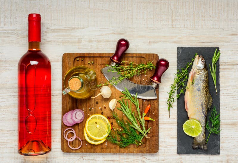 Cooking Trout Fish and Rose Wine Stock Photo - Image of spices, herbs ...