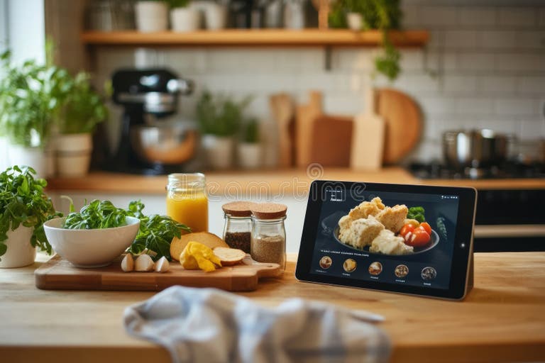 Cooking Tutorial Setup in a Cozy Home Kitchen with Fresh Ingredients ...