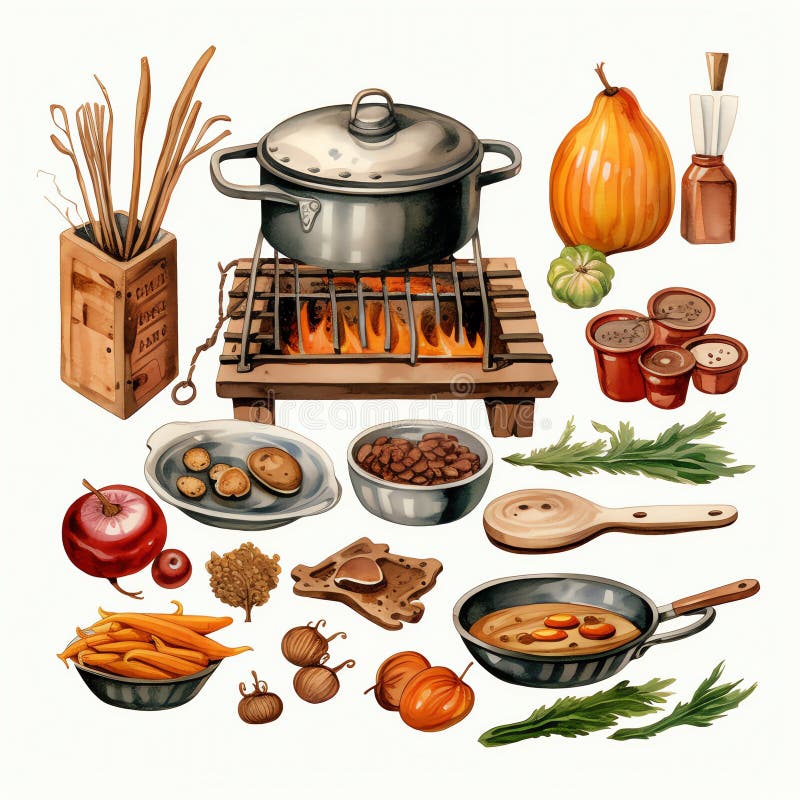 Cooking Utensils Autumn Fall Watercolor Illustration Stock Illustration ...