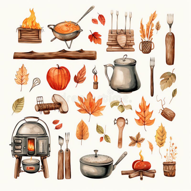 Cooking Utensils Autumn Fall Watercolor Illustration Stock Illustration ...