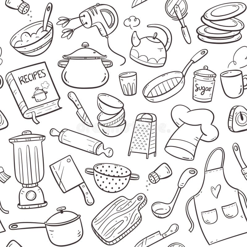 Cooking Utensils Doodle Seamless Pattern Stock Vector - Illustration of ...