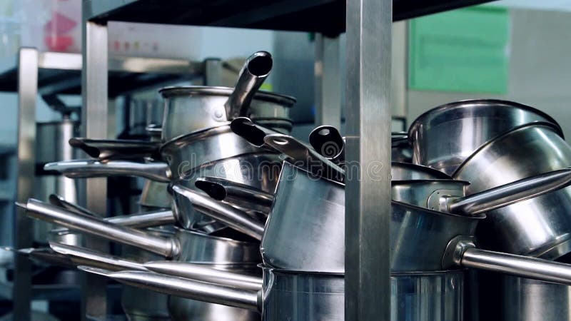 Cooking Utensils in the Kitchen. Stainless Pans and Pots Stock Video ...