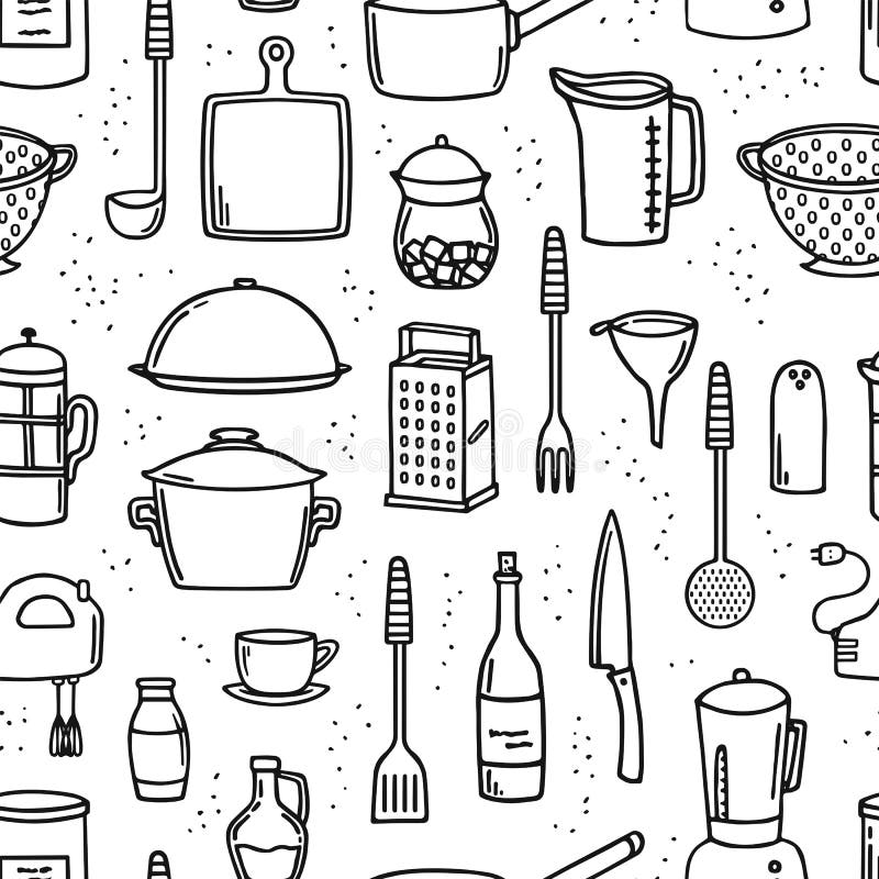 Cooking Utensils and Kitchen Tools Seamless Doodle Background on White ...