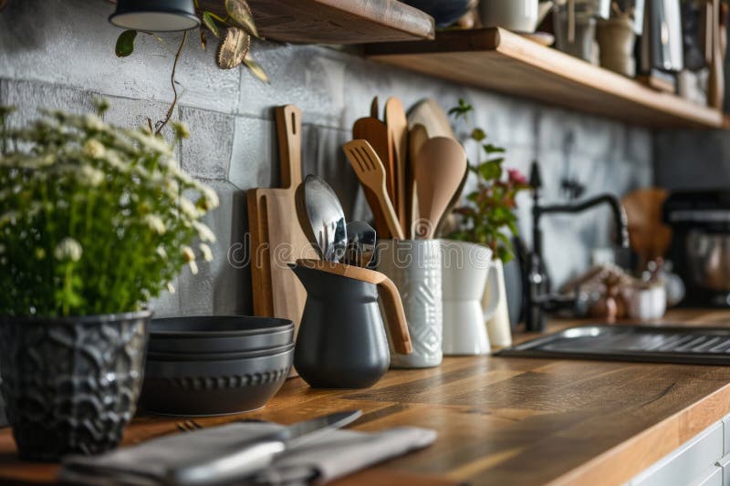 Cooking Utensils on a Stylish Kitchen Counter. Kitchen Tools Stock ...