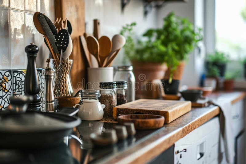 Cooking Utensils on a Stylish Kitchen Counter. Kitchen Tools Stock ...