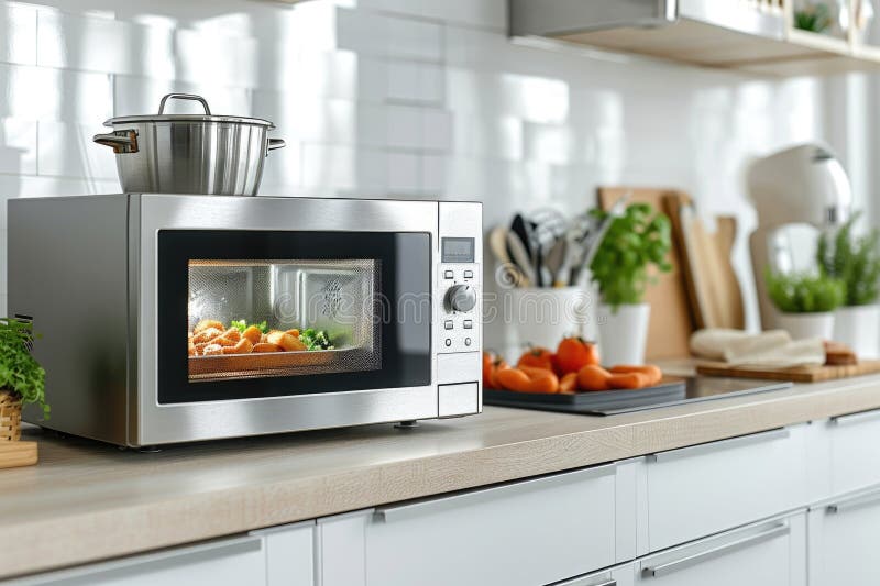 Cooking Vegetables in the Microwave in a Modern Kitchen Stock ...