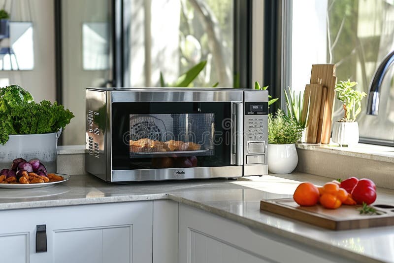 Cooking Vegetables in the Microwave in a Stylish Modern Kitchen Stock ...