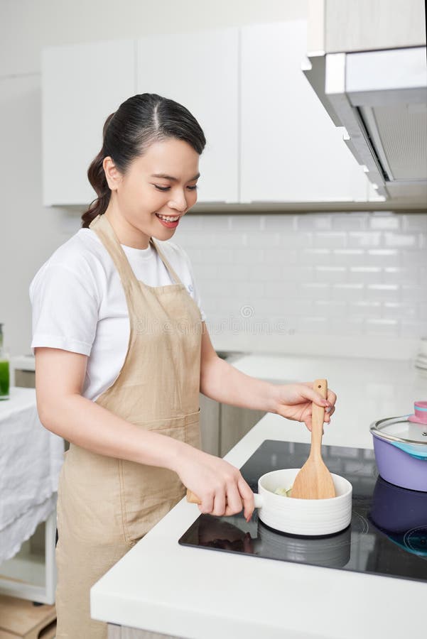Cooking Woman in Kitchen with Wooden Spoon Stock Image - Image of food ...