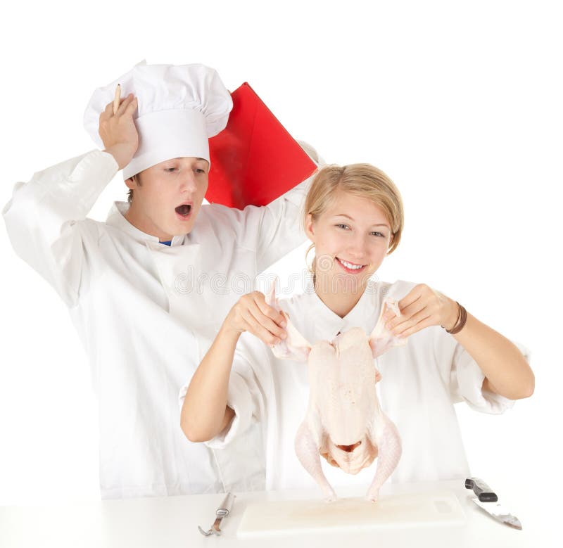 Cooks Team Preparing Raw Chicken Stock Image - Image of menu, plate ...