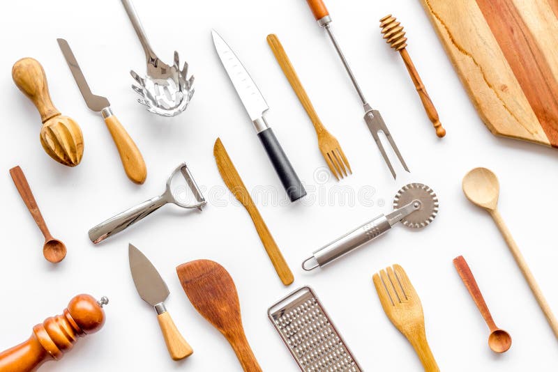 Cookware As Instruments for Cooking on Wooden Background Top View Copy ...
