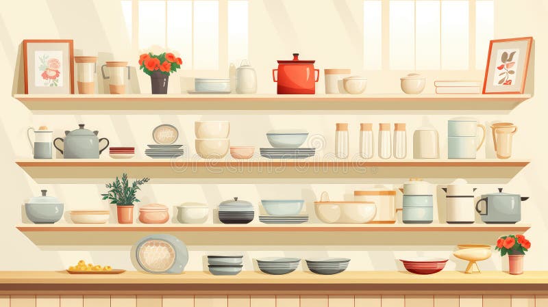 Cookware cream wall stock illustration. Illustration of shelves - 370412320