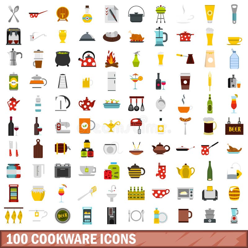 100 Cookware Icons Set, Flat Style Stock Vector - Illustration of dome ...