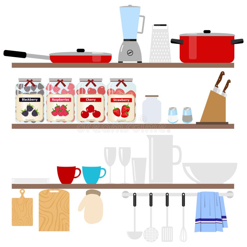 Cookware Placed on Shelves. a Large Set of Kitchen Items Stock ...