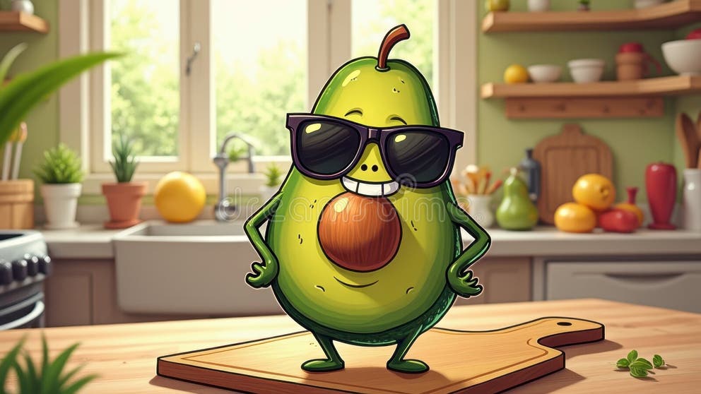 Cool Avocado Cartoon with Sunglasses in a Bright Kitchen Stock ...