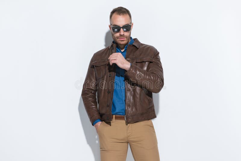 Side View of Happy Guy in Brown Leather Jacket Smiling and Walking ...