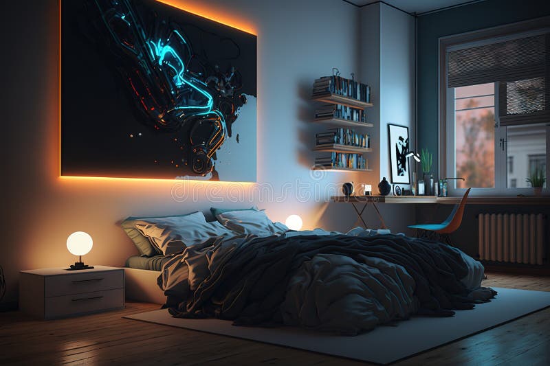 Cool Bedroom with Led Light Stock Illustration - Illustration of window ...