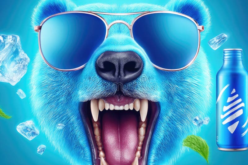Cool Blue Bear Wearing Sunglasses with Beverage and Ice on Vibrant ...