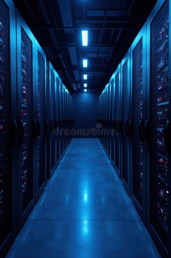 Cool Blue Light Illuminates Rows of Black Server Racks in a Dark Data ...