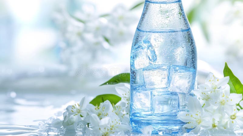 Cool Blue Liquid in a Glass Bottle with Ice and White Flowers Stock ...