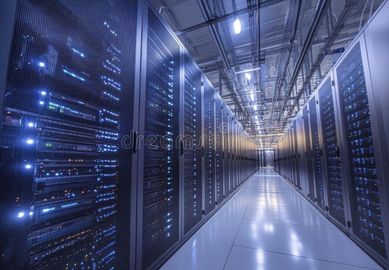 Cool Blue Lit Data Center Server Room Corridor Stock Illustration ...