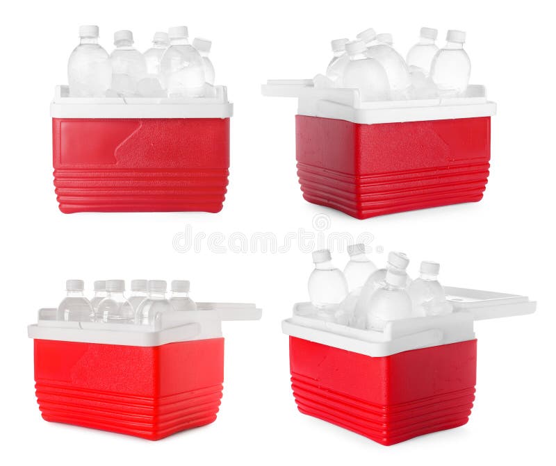 Cool Box with Bottles of Water Isolated on White, Set Stock Photo ...