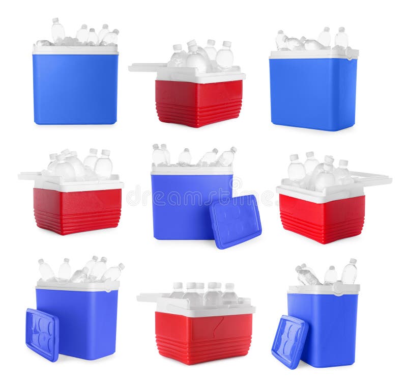 Cool Boxes with Bottles of Water Isolated on White, Set Stock Photo ...