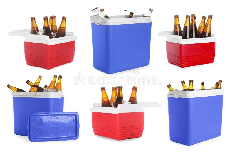 Cool Boxes with Different Drinks Isolated on White, Set Stock Image ...