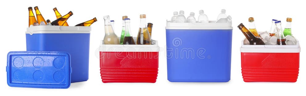 Cool Boxes with Different Drinks Isolated on White, Set Stock Image ...