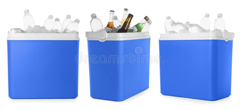 Cool Boxes with Different Drinks Isolated on White, Set Stock Image ...
