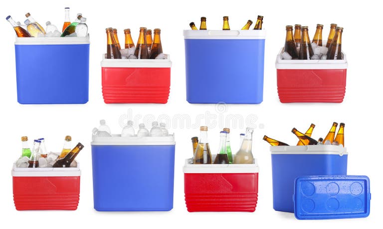 Cool Boxes with Different Drinks Isolated on White, Set Stock Photo ...