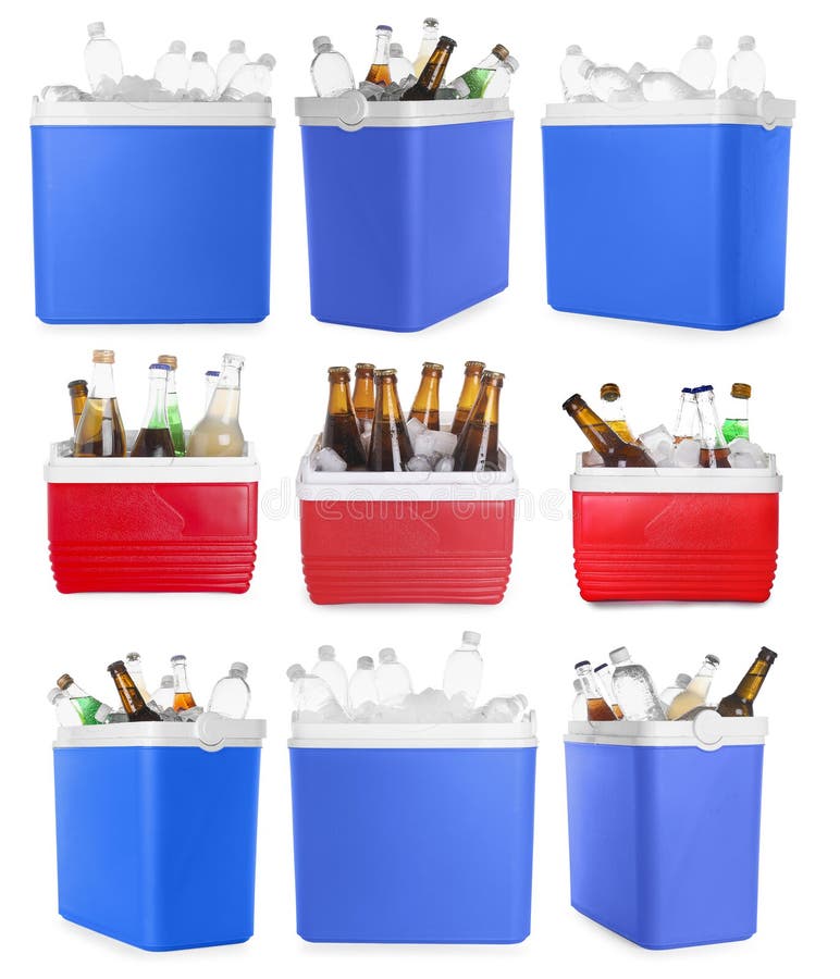 Cool Boxes with Different Drinks Isolated on White, Set Stock Photo ...