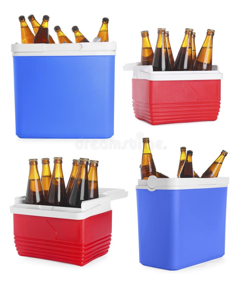 Cool Boxes with Different Drinks Isolated on White, Set Stock ...
